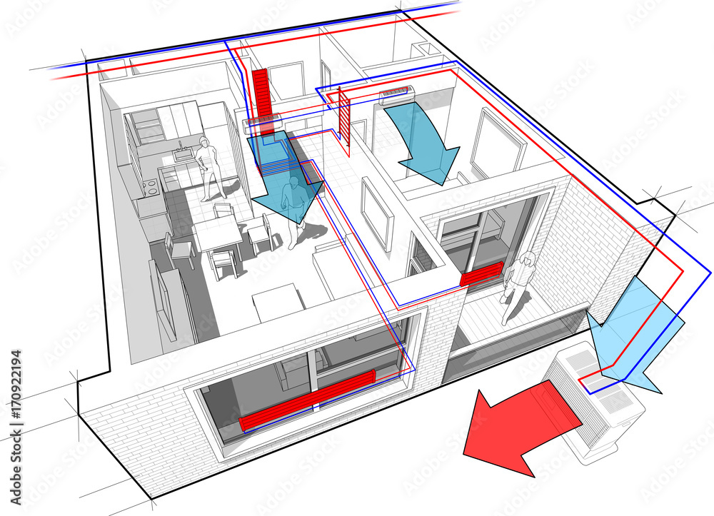 Perspective cutaway diagram of apartment completely furnished with hot ...