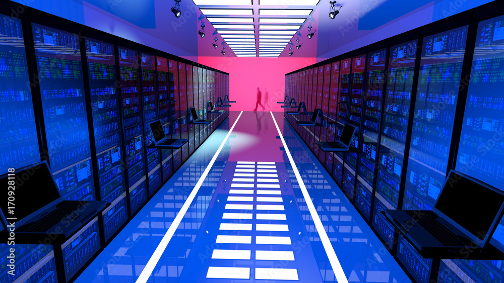 Terminal monitor in server room with server racks in datacenter Stock ...