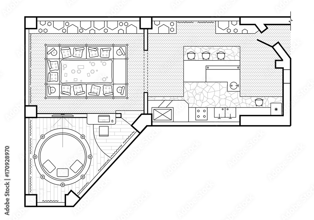 The interior design terrace. The cottage is a covered veranda. Drawing ...