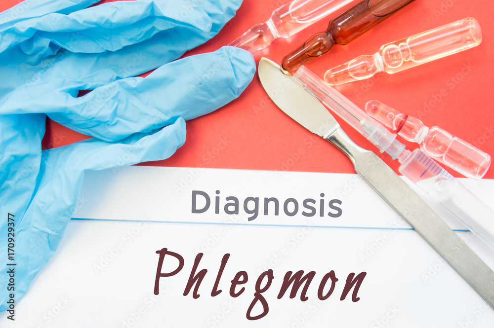 Diagnosis Phlegmon. Blue gloves, surgical scalpel, syringe and ampoule ...
