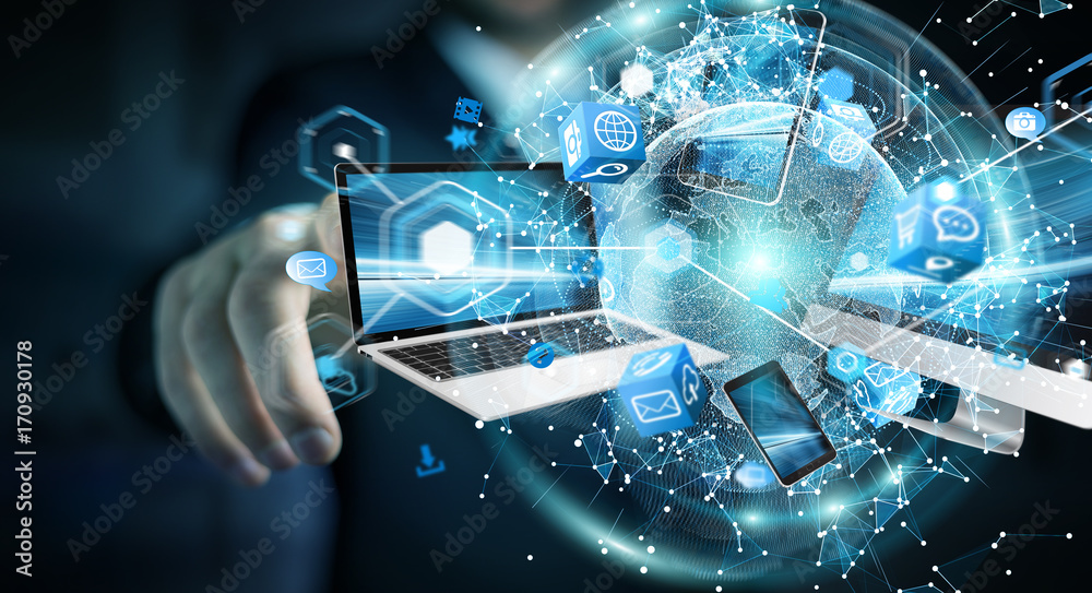 Tech devices connected to each other by businessman 3D rendering Stock ...