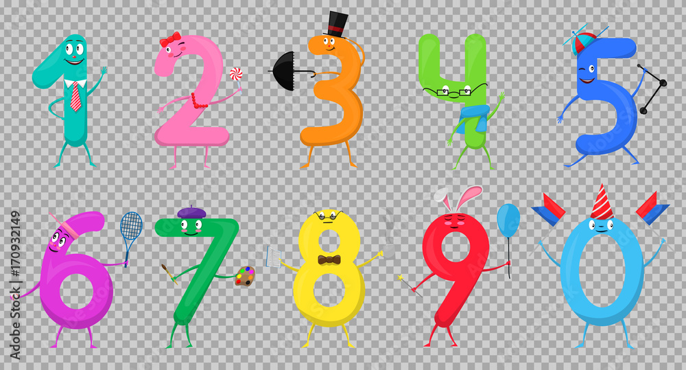 Cute fun colorful collection numbers in the form of various cartoon ...