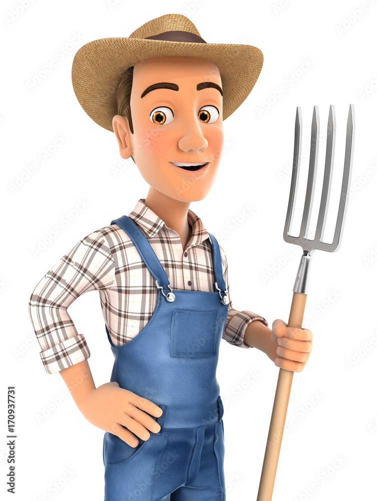3d farmer standing up with fork Stock Illustration | Adobe Stock