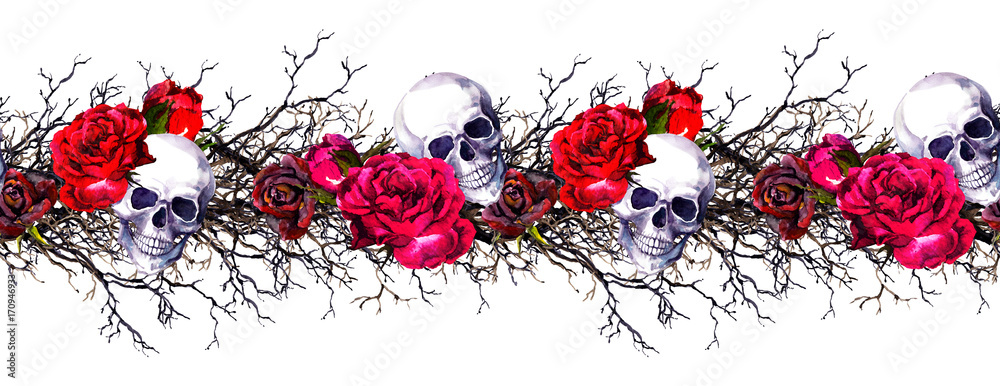Human skulls with rose flowers, branches. Seamless border frame ...