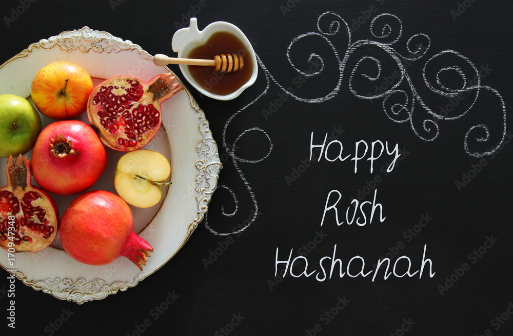 Rosh hashanah (jewish New Year holiday) concept. Traditional symbols ...