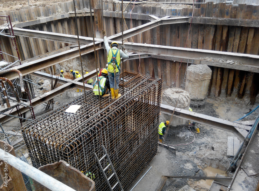 Sheet pile cofferdam retaining wall at the construction site. It is ...