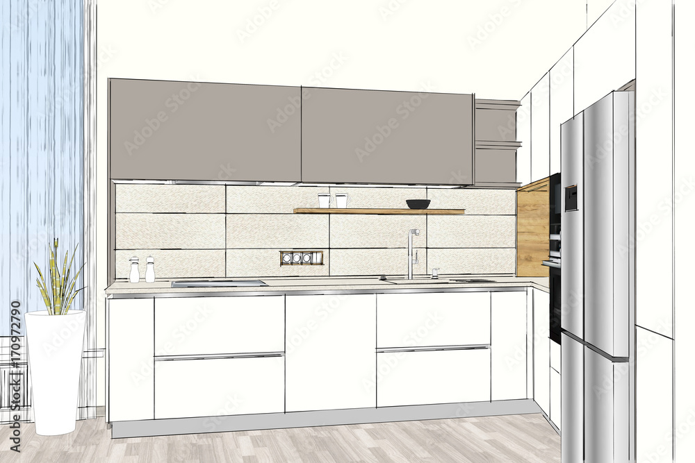 3D rendering. Modern kitchen design in light interior. Kitchen sketch ...