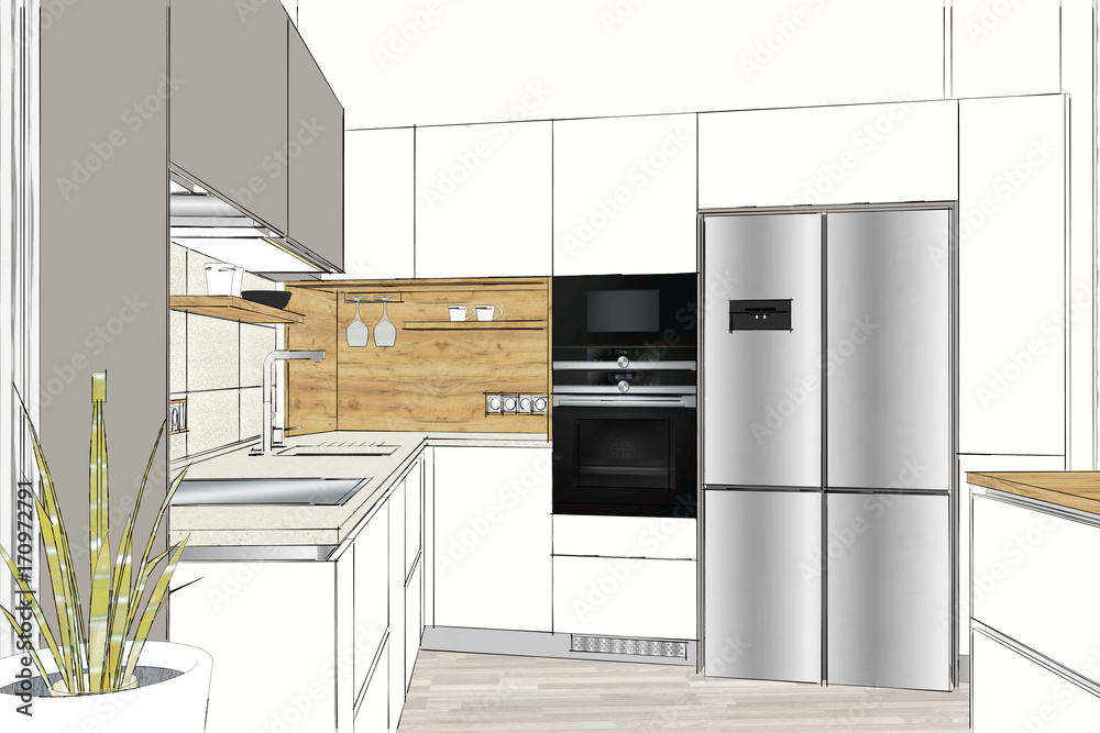 3D rendering. Modern kitchen design in light interior. Kitchen sketch ...