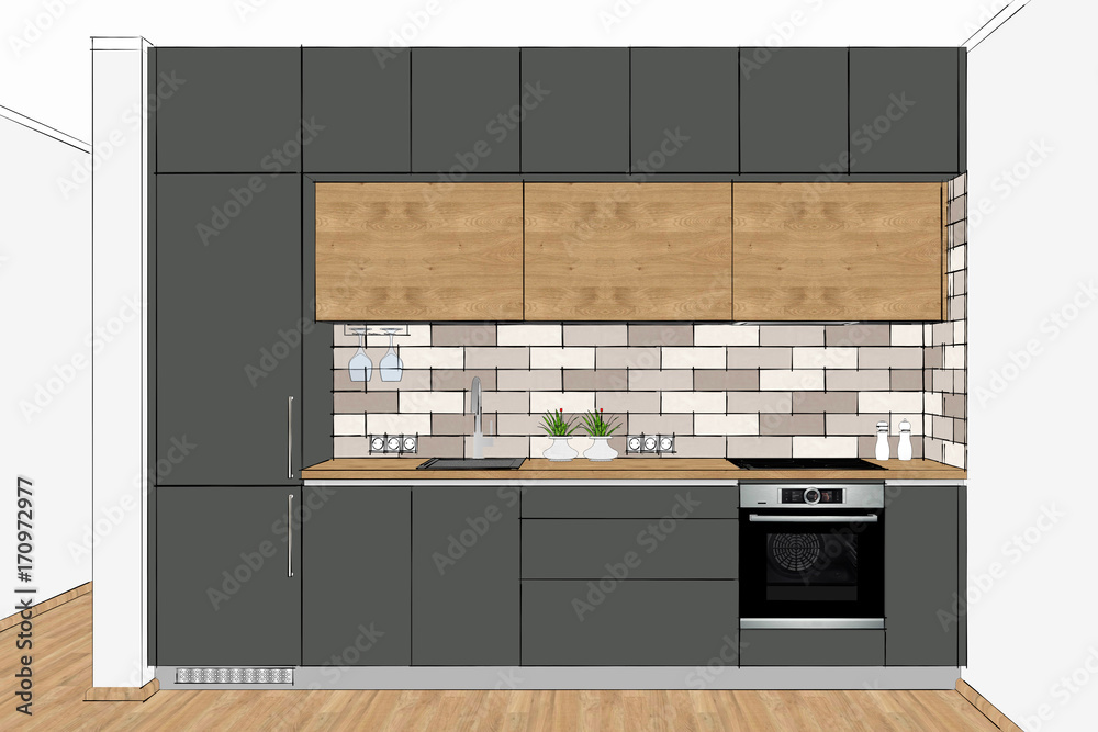 3D rendering. Modern linear kitchen design in light interior. Interior ...