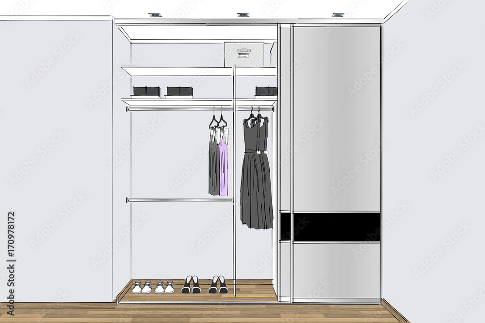 3D rendering. Modern wardrobe with folded and hanging clothes. Simple ...