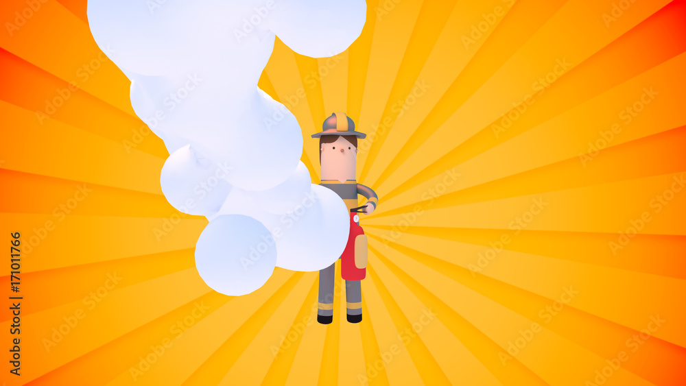 Cartoon firefighter holding a fire extinguisher. 3d rendering picture ...