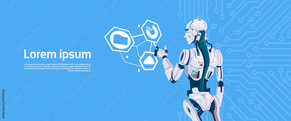 Modern Robot Using Digital Touchscreen Monitor, Futuristic Artificial ...