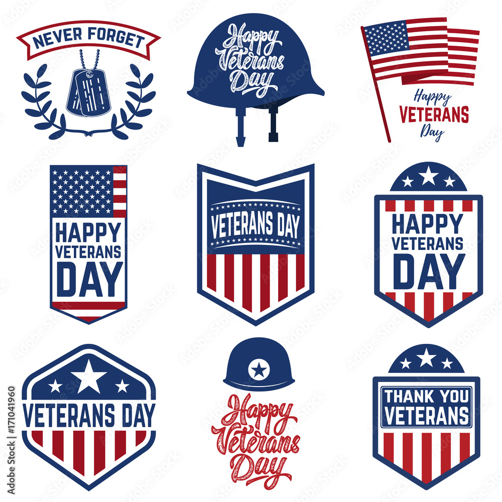 Set of veterans day emblems isolated on white background. Design ...