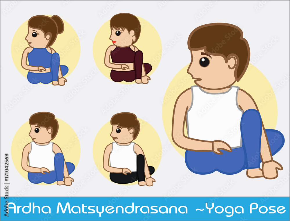 Yoga Cartoon Vector Poses - Ardha Matsyendrasana Stock Vector | Adobe Stock