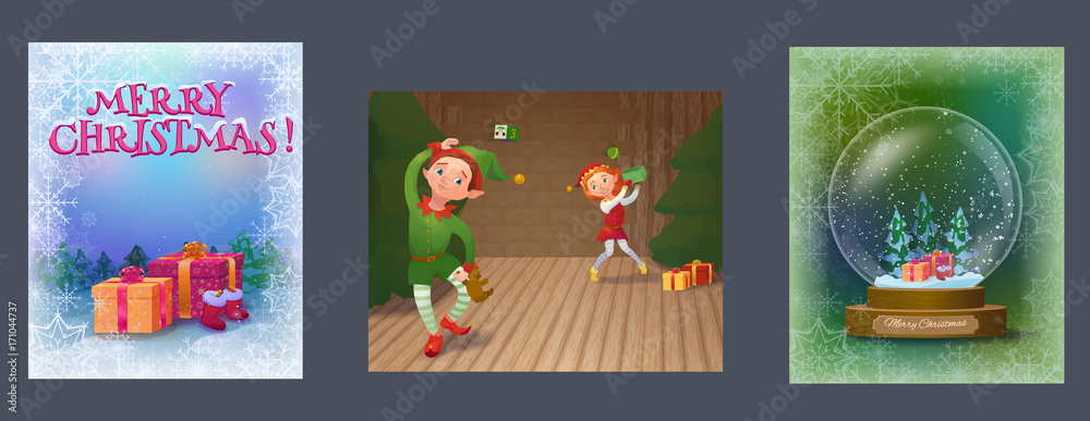 Christmas greeting cards collection with elves playing and packing ...