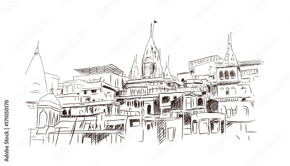 Hand drawn sketch of Kashi Varanasi in vector illustration. Stock ...