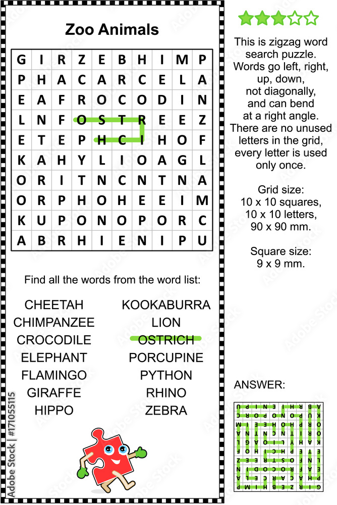 Zoo animals - ostrich,cheetah,lion,rhino,hippo,zebra, etc. - word ...