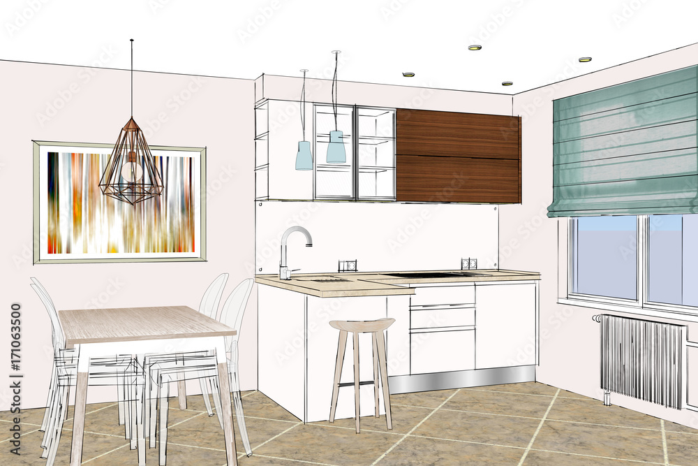 3D rendering. Modern kitchen design in light interior. Kitchen sketch ...