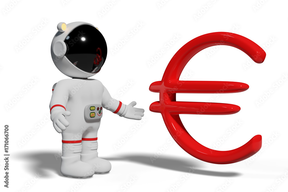 astronaut looking at red euro sign, cute cartoon character with ...