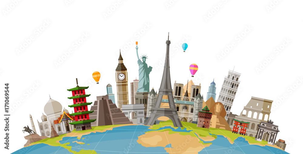 Travel, journey concept. Famous monuments of world countries. Vector ...