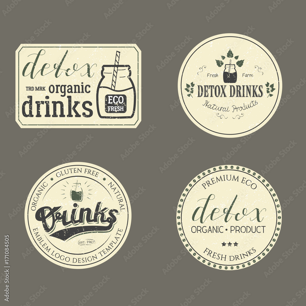 Collection of Retro Detox Drinks Natural Products Logo. Set of Vintage ...