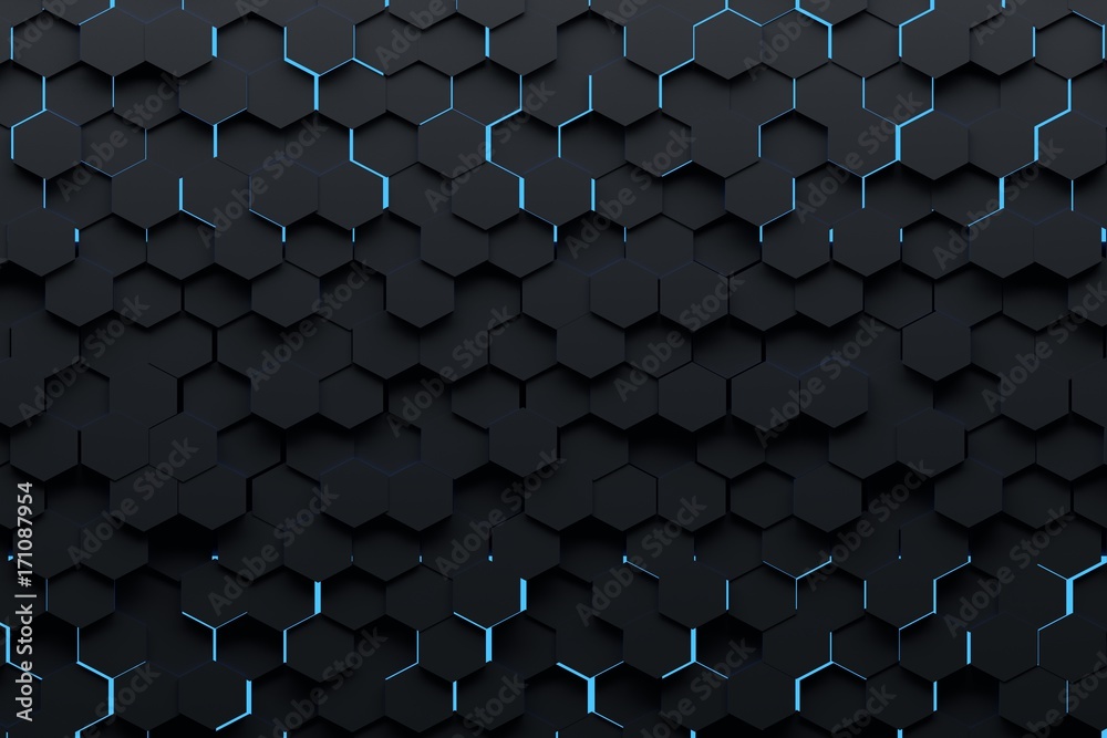 Abstract background with black hexagons illuminated from back by blue ...