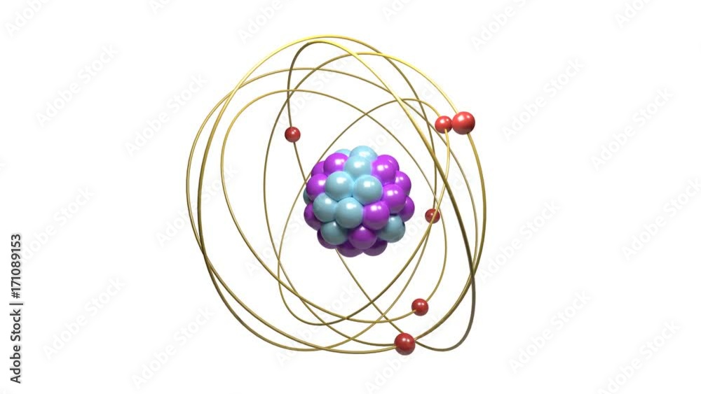 Elementary particles moving in atom isolated on white background ...