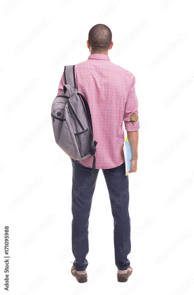 Back view of a student standing with textbooks and backpack on white ...