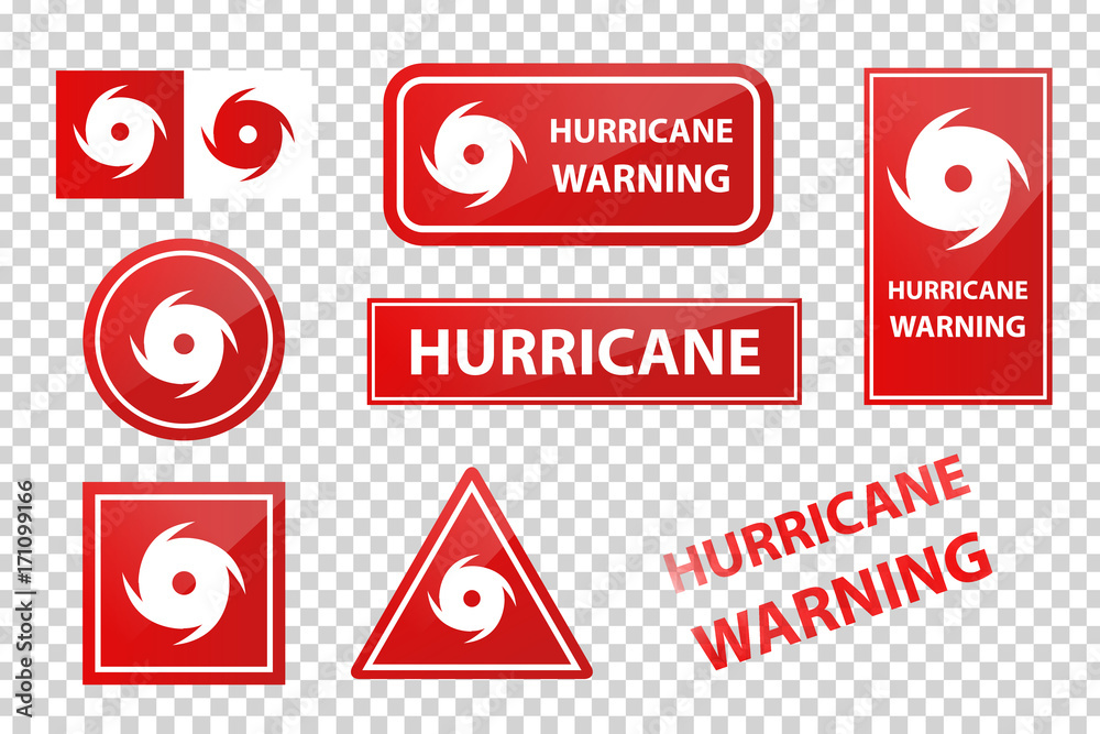 Vector realistic isolated hurricane warning red signs on the ...