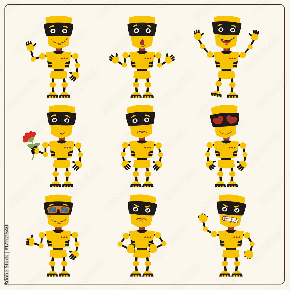 Set funny yellow robots in different poses. Collection isolated robot ...