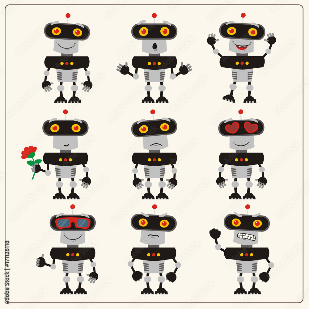 Set black-gray robot in different poses. Collection isolated robots in ...