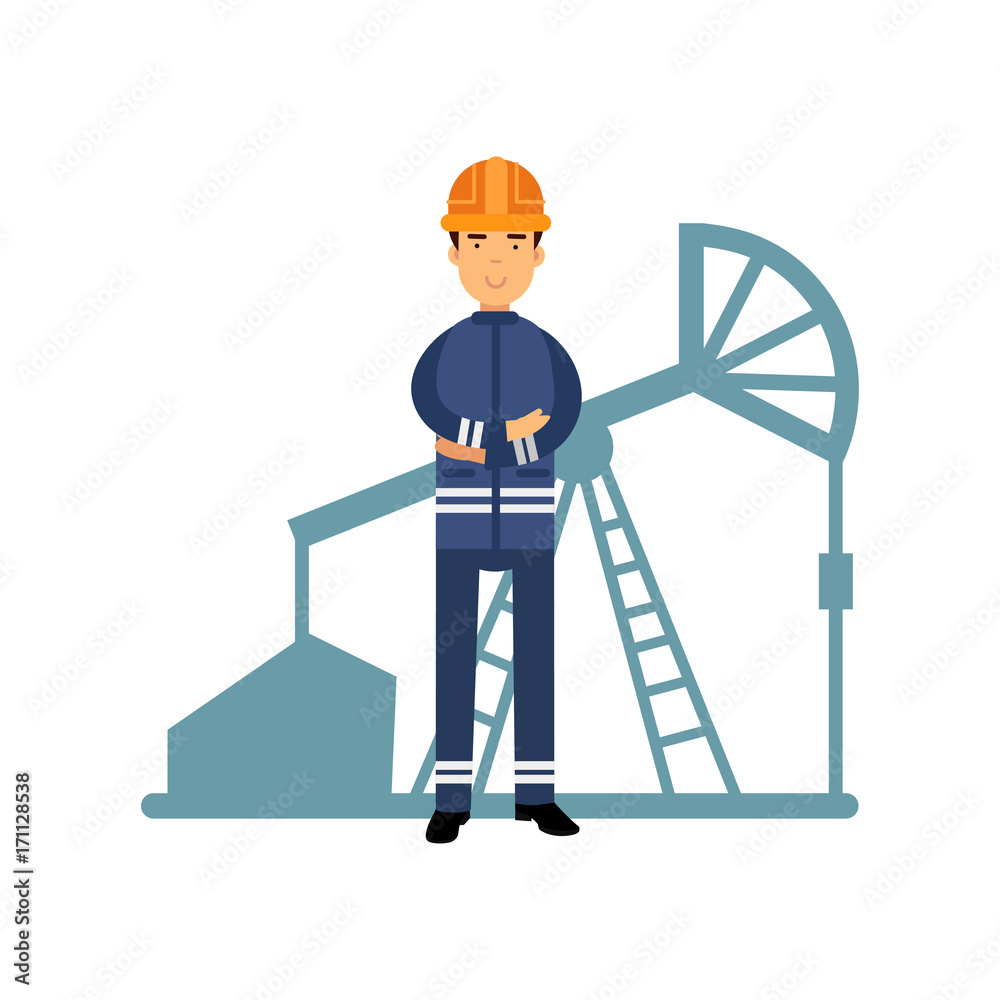 Oilman character in a blue uniform, oil industry extraction and ...