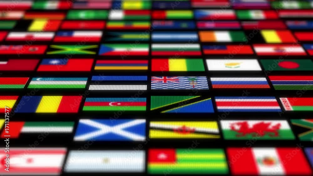 The camera flies through a flag on black background. Several flags ...