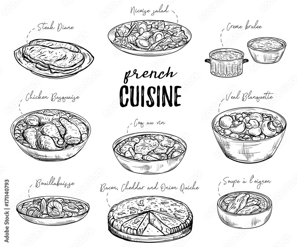 French cuisine. Collection of delicious food. Isolated elements ...