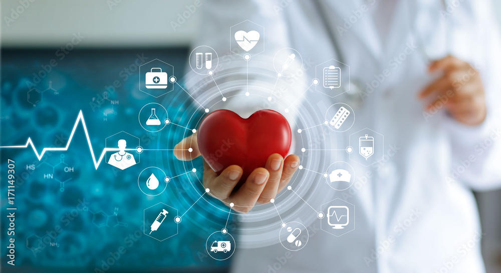 Medicine doctor holding red heart shape in hand and icon medical ...