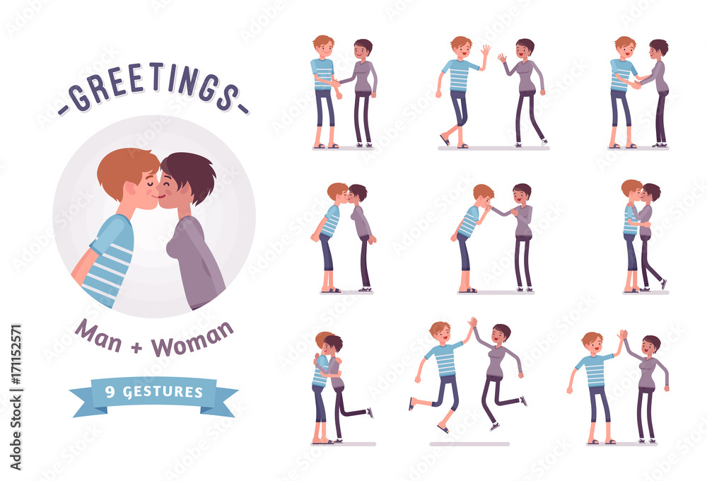 Male and female greeting character set, various poses, emotions Stock ...