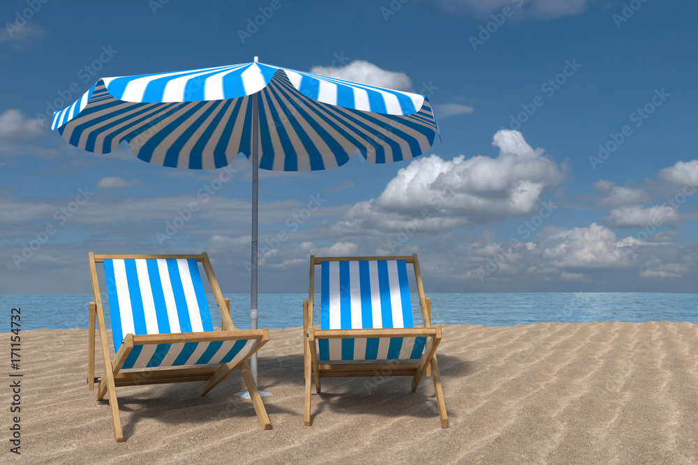 Entspannen am Meer. Zwei Liegestuehle unter einem Sonnenschirm am ...