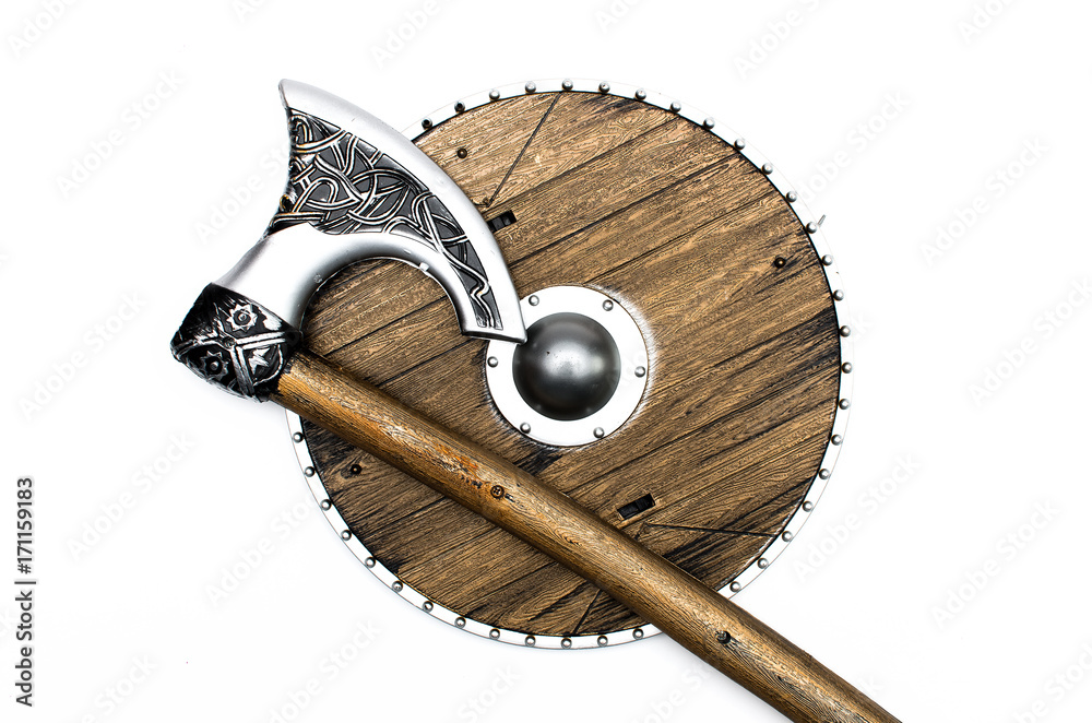 Toy Battle axe and shield isolated on white. Stock Photo | Adobe Stock
