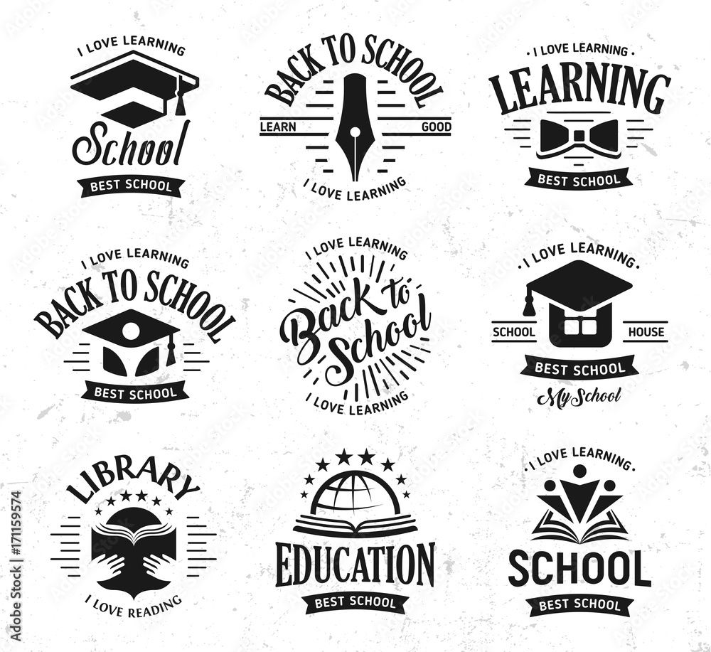 School vector logos set, monochrome vintage design education signs ...