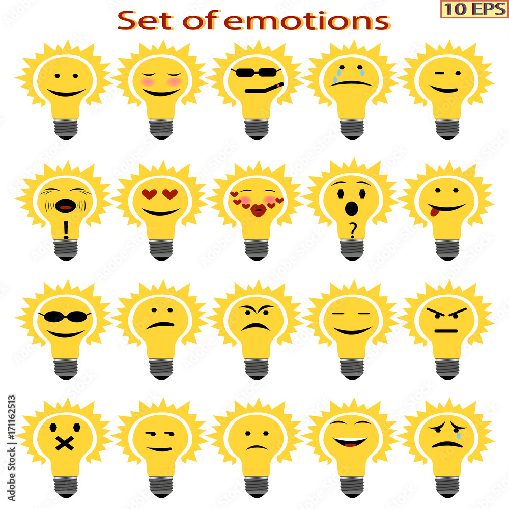 Icons emoticon. Emoji. Set of emotion cartoon light bulb. Smiley icons ...