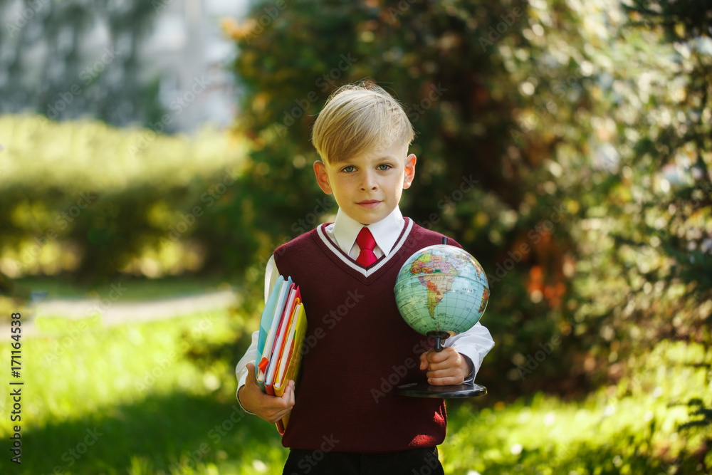 Cute boy going back to school. Child with books and globe on first ...