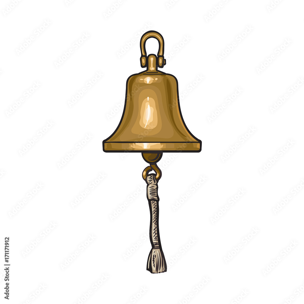 Antique brass, copper ship bell with rope, cartoon vector illustration ...