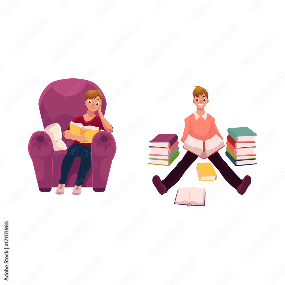 Young man reading a book in comfortable armchair and on the floor ...