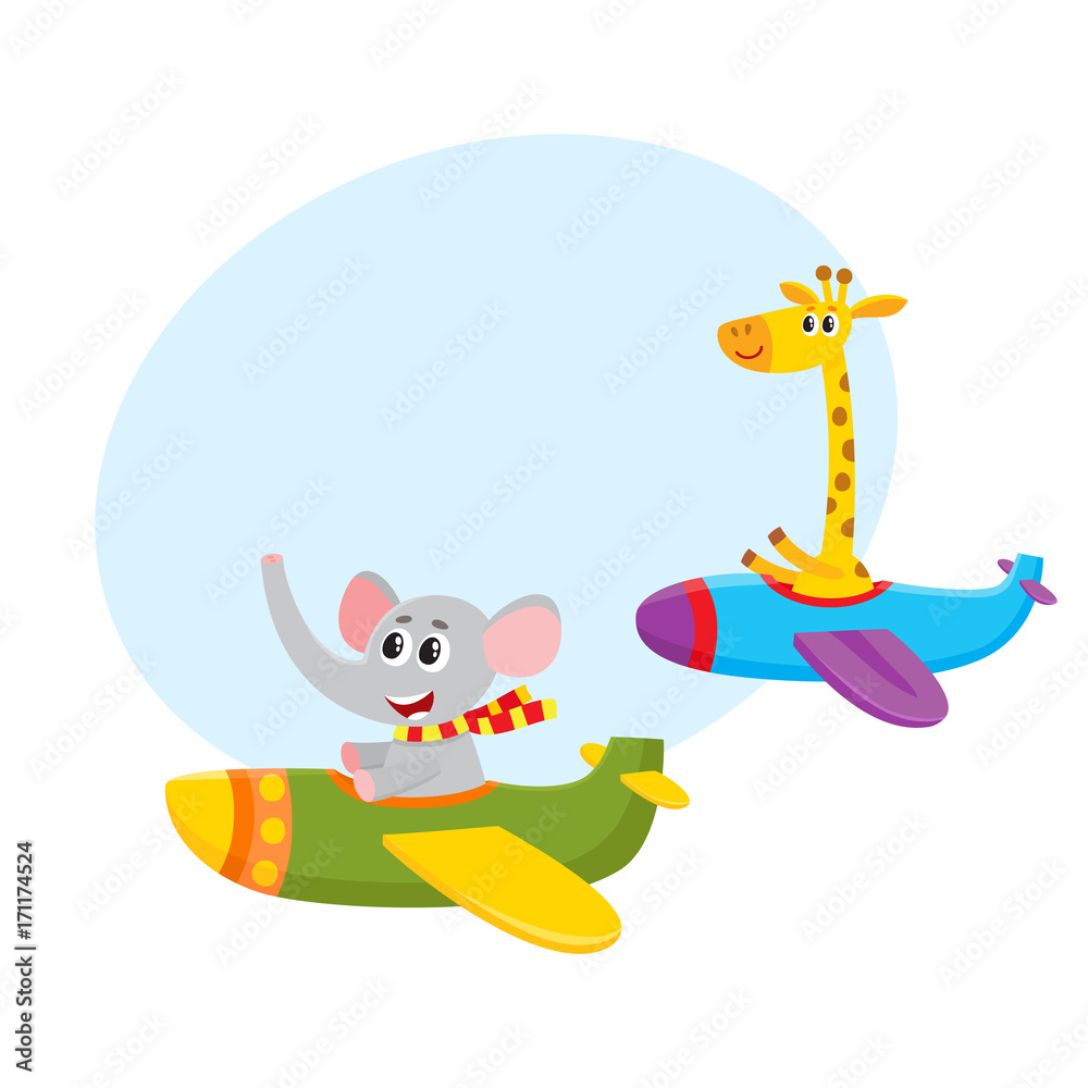 Cute funny animal pilot characters flying on airplane - giraffe and ...