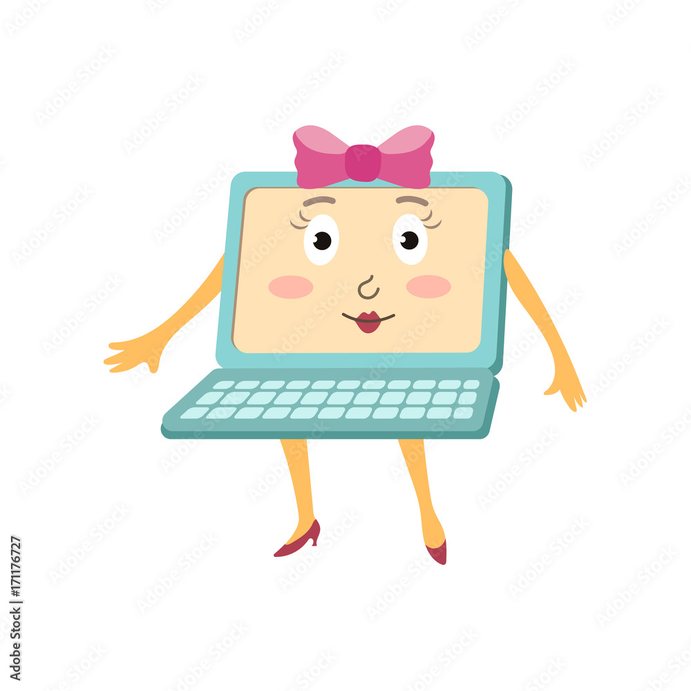 vector flat cartoon funny laptop humanized female girl character with ...