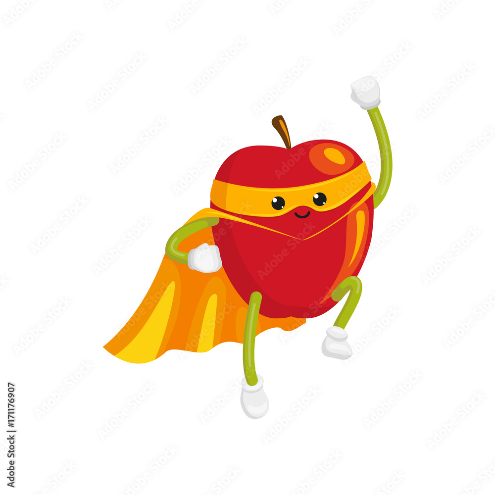 vector flat cartoon apple character in orange cape, mask flying like ...