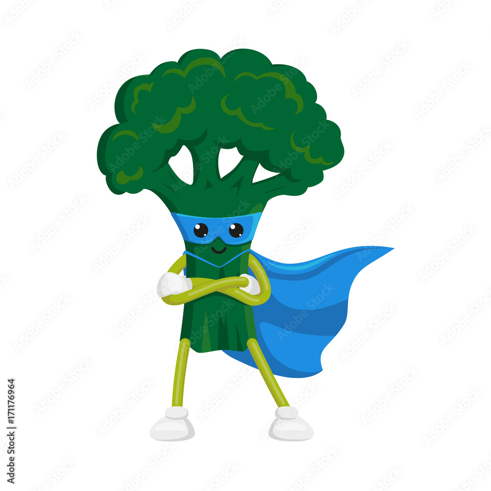 vector flat cartoon broccoli character in blue cape, mask standing with ...