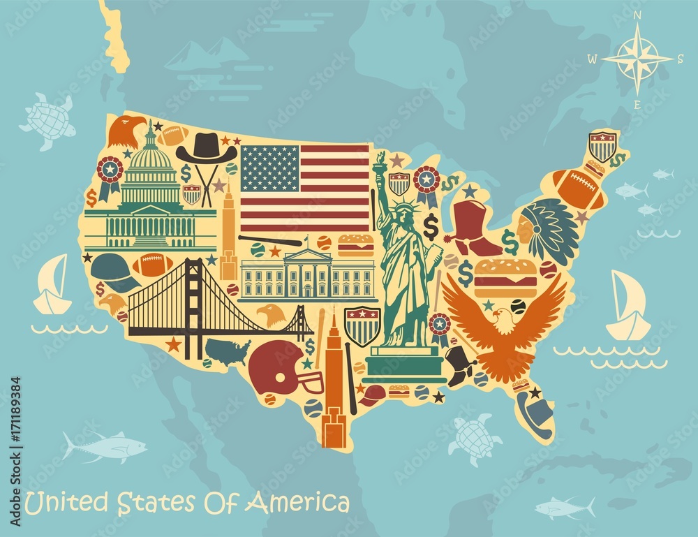 Stylized map of USA with traditional symbols Stock Vector | Adobe Stock