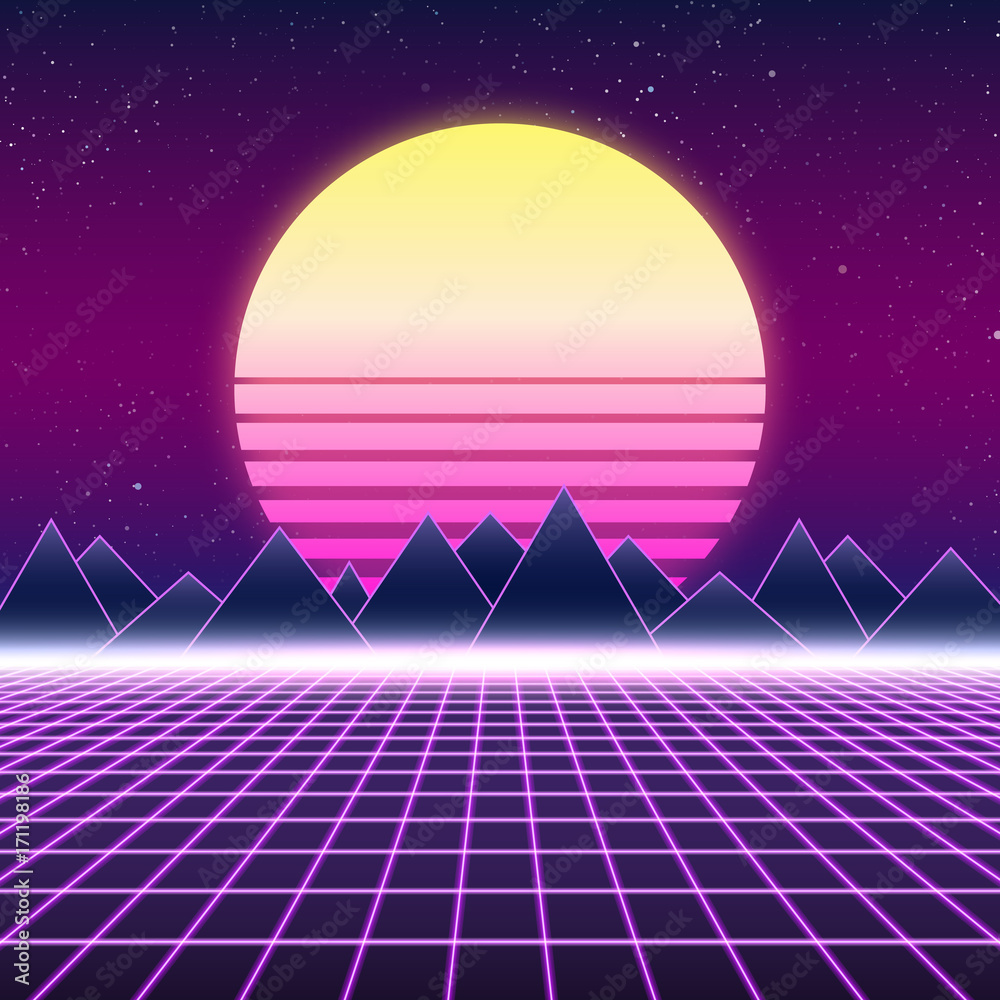 Synthwave retro design, mountains and sun, vector illustration Stock ...
