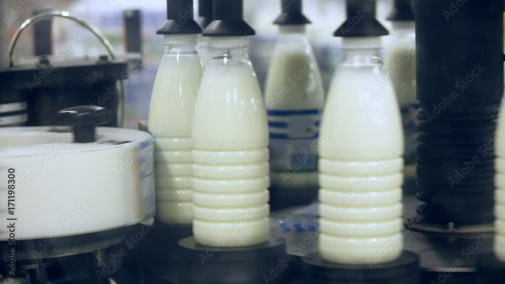 Milk packaging line. Bottle label at dairy factory. Labeling machine at ...